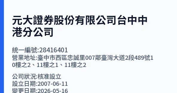 元大證券股份有限公司台中中港分公司的照片-統編 28416401(臺中市) 公司登記資料與營業項目詳細圖表