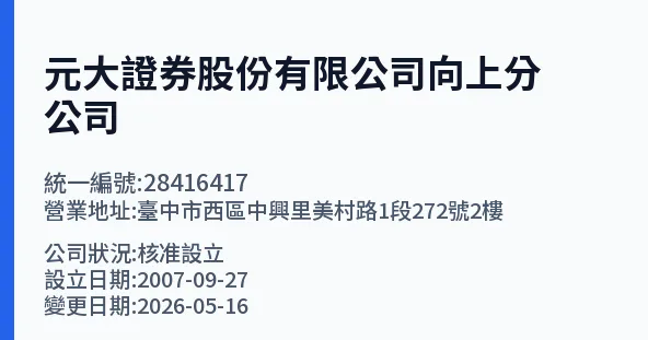 元大證券股份有限公司向上分公司的照片-統編 28416417(臺中市) 公司登記資料與營業項目詳細圖表