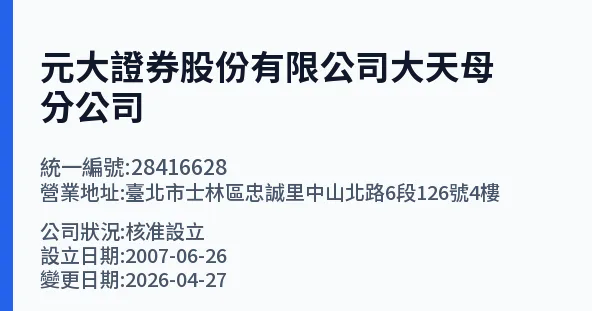元大證券股份有限公司大天母分公司的照片-統編 28416628(臺北市) 公司登記資料與營業項目詳細圖表