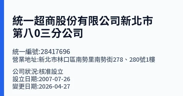 統一超商股份有限公司新北市第八0三分公司的照片-統編 28417696(新北市) 公司登記資料與營業項目詳細圖表
