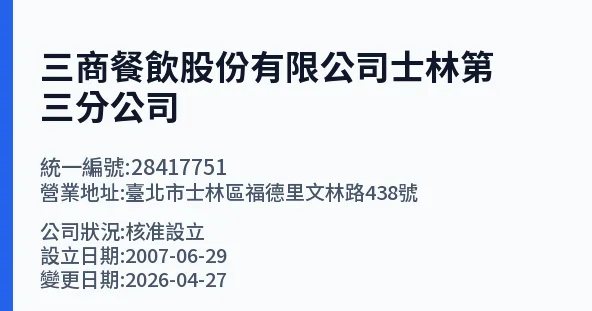 三商餐飲股份有限公司士林第三分公司的照片-統編 28417751(臺北市) 公司登記資料與營業項目詳細圖表
