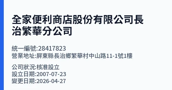 全家便利商店股份有限公司長治繁華分公司的照片-統編 28417823(屏東縣) 公司登記資料與營業項目詳細圖表