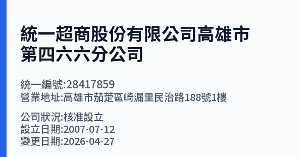 統一超商股份有限公司高雄市第四六六分公司的照片-統編 28417859(高雄市) 公司登記資料與營業項目詳細圖表