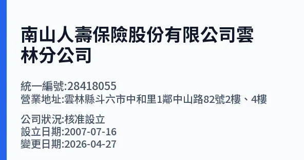 南山人壽保險股份有限公司雲林分公司的照片-統編 28418055(雲林縣) 公司登記資料與營業項目詳細圖表