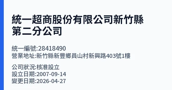 統一超商股份有限公司新竹縣第二分公司的照片-統編 28418490(新竹縣) 公司登記資料與營業項目詳細圖表