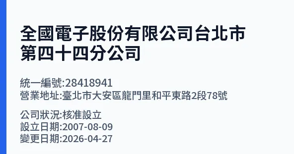 全國電子股份有限公司台北市第四十四分公司的照片-統編 28418941(臺北市) 公司登記資料與營業項目詳細圖表
