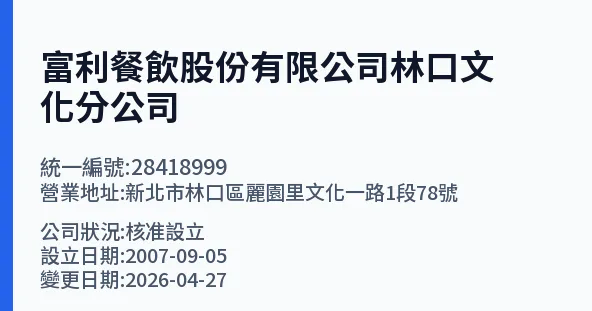 富利餐飲股份有限公司林口文化分公司的照片-統編 28418999(新北市) 公司登記資料與營業項目詳細圖表