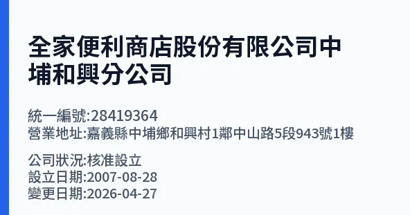全家便利商店股份有限公司中埔和興分公司的照片-統編 28419364(嘉義縣) 公司登記資料與營業項目詳細圖表