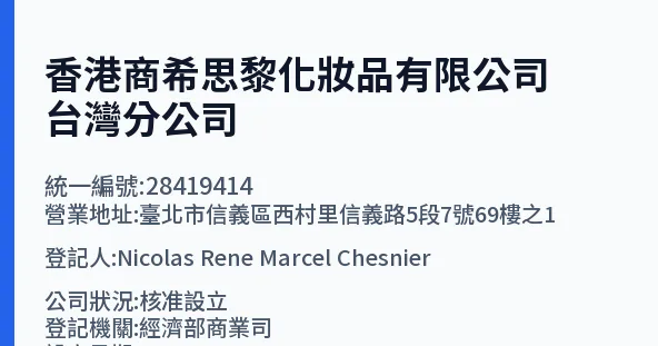 香港商希思黎化妝品有限公司台灣分公司的照片-統編 28419414(臺北市) 公司登記資料與營業項目詳細圖表