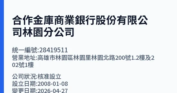 合作金庫商業銀行股份有限公司林園分公司的照片-統編 28419511(高雄市) 公司登記資料與營業項目詳細圖表