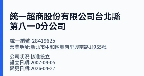 統一超商股份有限公司台北縣第八一0分公司的照片-統編 28419625(新北市) 公司登記資料與營業項目詳細圖表