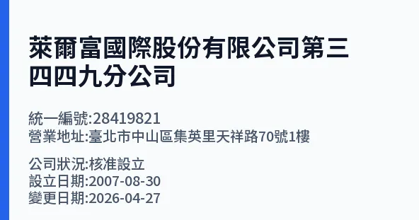 萊爾富國際股份有限公司第三四四九分公司的照片-統編 28419821(臺北市) 公司登記資料與營業項目詳細圖表