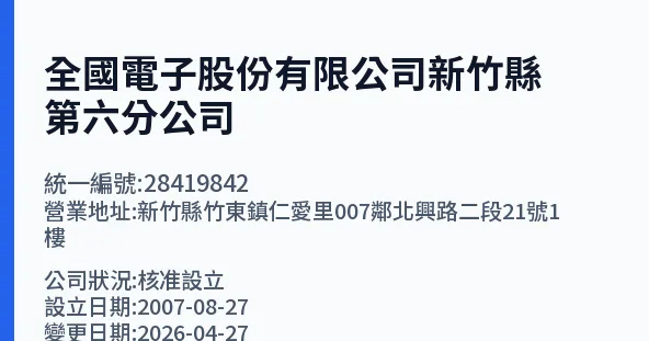 全國電子股份有限公司新竹縣第六分公司的照片-統編 28419842(新竹縣) 公司登記資料與營業項目詳細圖表