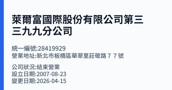 萊爾富國際股份有限公司第三三九九分公司的照片-統編 28419929(新北市) 公司登記資料與營業項目詳細圖表