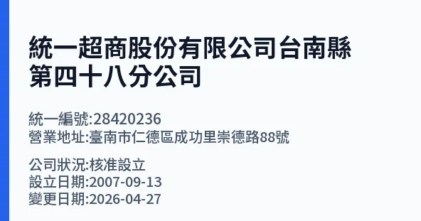 統一超商股份有限公司台南縣第四十八分公司的照片-統編 28420236(臺南市) 公司登記資料與營業項目詳細圖表