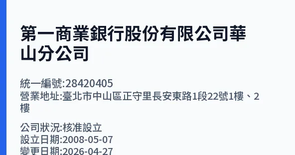 第一商業銀行股份有限公司華山分公司的照片-統編 28420405(臺北市) 公司登記資料與營業項目詳細圖表