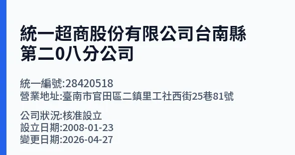 統一超商股份有限公司台南縣第二0八分公司的照片-統編 28420518(臺南市) 公司登記資料與營業項目詳細圖表