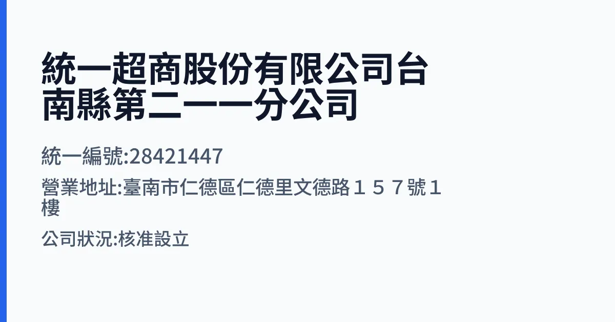 統一超商股份有限公司台南縣第二一一分公司 - 統編 28421447(臺南市) 公司登記資料與營業項目詳細圖表