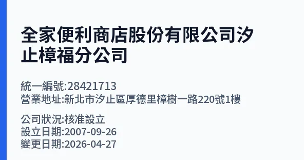 全家便利商店股份有限公司汐止樟福分公司的照片-統編 28421713(新北市) 公司登記資料與營業項目詳細圖表