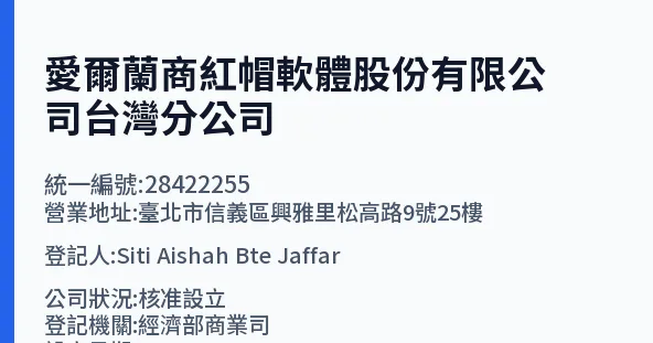 愛爾蘭商紅帽軟體股份有限公司台灣分公司的照片-統編 28422255(臺北市) 公司登記資料與營業項目詳細圖表