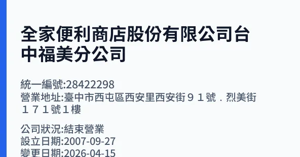 全家便利商店股份有限公司台中福美分公司的照片-統編 28422298(臺中市) 公司登記資料與營業項目詳細圖表