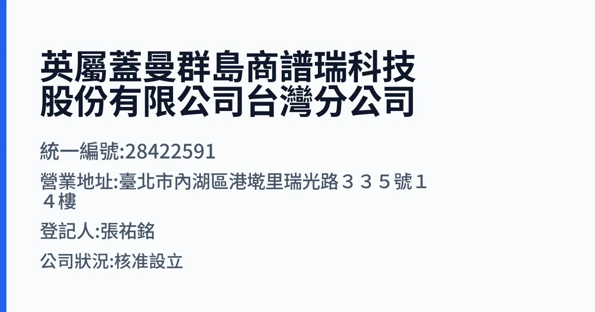 英屬蓋曼群島商譜瑞科技股份有限公司台灣分公司 - 統編 28422591(臺北市) 公司登記資料與營業項目詳細圖表