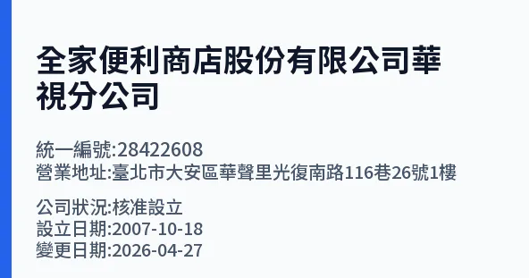 全家便利商店股份有限公司華視分公司的照片-統編 28422608(臺北市) 公司登記資料與營業項目詳細圖表