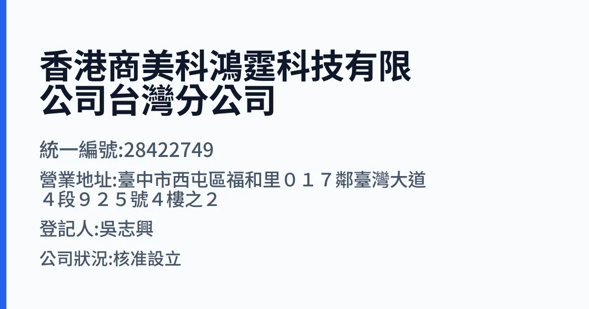香港商美科鴻霆科技有限公司台灣分公司 - 統編 28422749(臺中市) 公司登記資料與營業項目詳細圖表