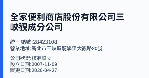 全家便利商店股份有限公司三峽觀成分公司的照片-統編 28423108(新北市) 公司登記資料與營業項目詳細圖表
