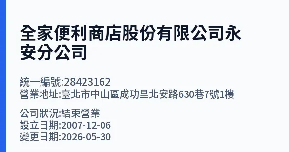 全家便利商店股份有限公司永安分公司的照片-統編 28423162(臺北市) 公司登記資料與營業項目詳細圖表