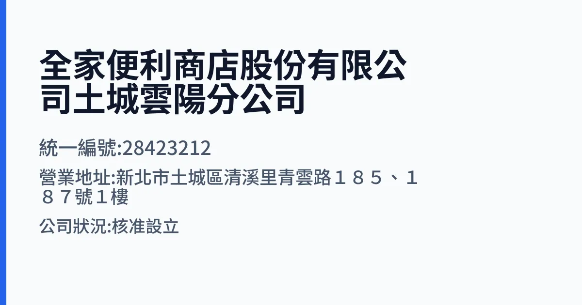 全家便利商店股份有限公司土城雲陽分公司 - 統編 28423212（新北市） 公司登記資料與營業項目詳細圖表