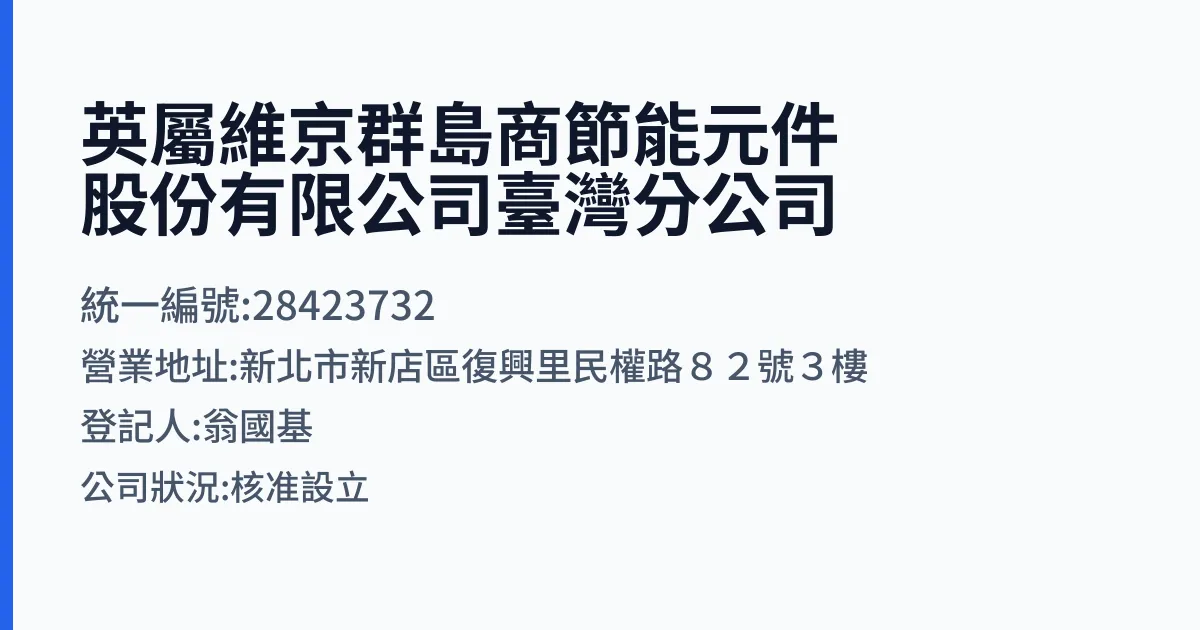英屬維京群島商節能元件股份有限公司臺灣分公司 - 統編 28423732(新北市) 公司登記資料與營業項目詳細圖表