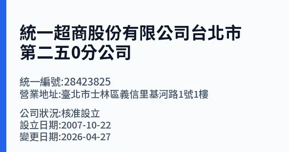 統一超商股份有限公司台北市第二五0分公司的照片-統編 28423825(臺北市) 公司登記資料與營業項目詳細圖表