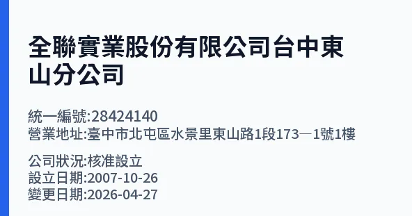 全聯實業股份有限公司台中東山分公司的照片-統編 28424140(臺中市) 公司登記資料與營業項目詳細圖表