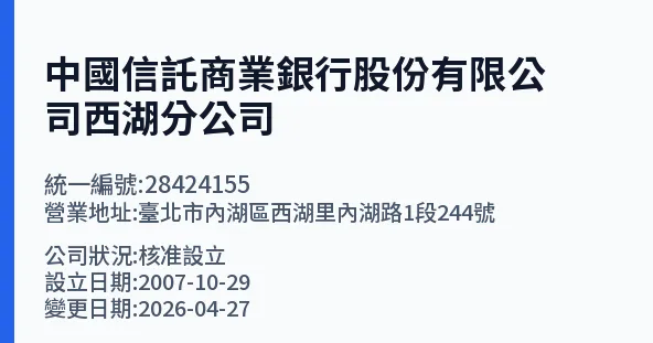 中國信託商業銀行股份有限公司西湖分公司的照片-統編 28424155(臺北市) 公司登記資料與營業項目詳細圖表