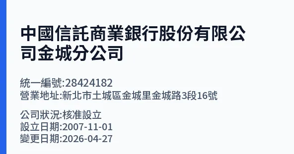 中國信託商業銀行股份有限公司金城分公司的照片-統編 28424182(新北市) 公司登記資料與營業項目詳細圖表