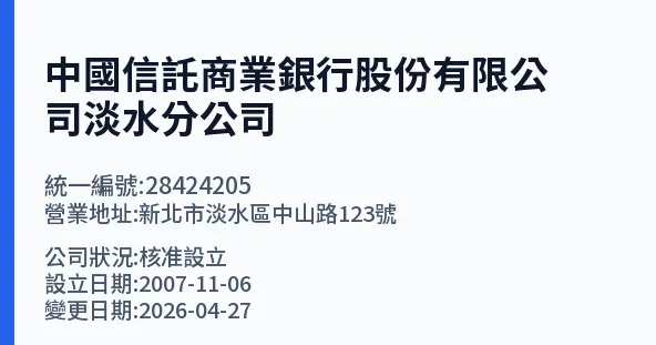中國信託商業銀行股份有限公司淡水分公司的照片-統編 28424205(新北市) 公司登記資料與營業項目詳細圖表