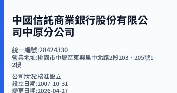 中國信託商業銀行股份有限公司中原分公司的照片-統編 28424330(桃園市) 公司登記資料與營業項目詳細圖表