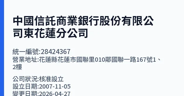 中國信託商業銀行股份有限公司東花蓮分公司的照片-統編 28424367(花蓮縣) 公司登記資料與營業項目詳細圖表