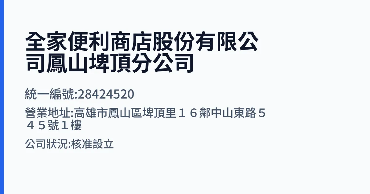 全家便利商店股份有限公司鳳山埤頂分公司 - 統編 28424520(高雄市) 公司登記資料與營業項目詳細圖表