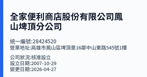全家便利商店股份有限公司鳳山埤頂分公司的照片-統編 28424520(高雄市) 公司登記資料與營業項目詳細圖表