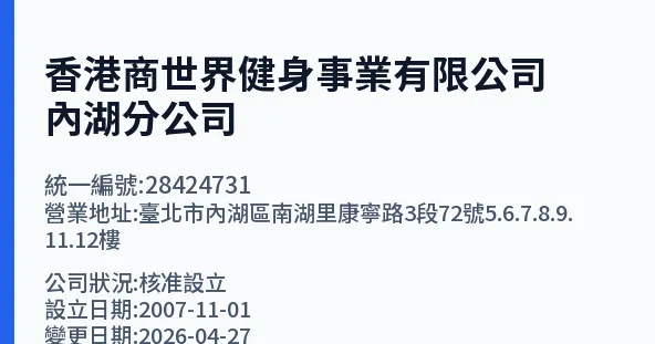 香港商世界健身事業有限公司內湖分公司的照片-統編 28424731(臺北市) 公司登記資料與營業項目詳細圖表
