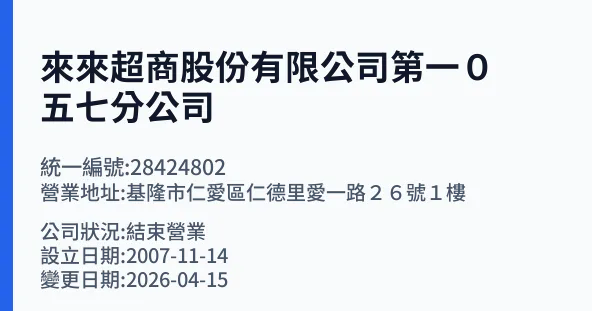 來來超商股份有限公司第一０五七分公司的照片-統編 28424802(基隆市) 公司登記資料與營業項目詳細圖表
