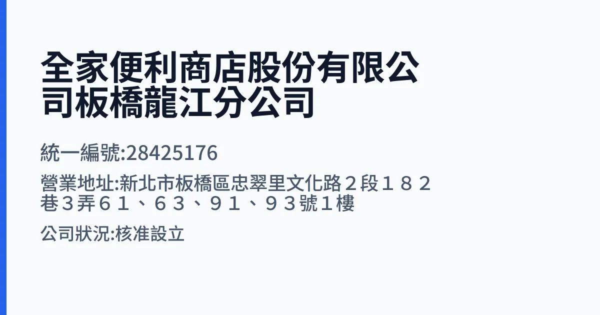 全家便利商店股份有限公司板橋龍江分公司 - 統編 28425176(新北市) 公司登記資料與營業項目詳細圖表