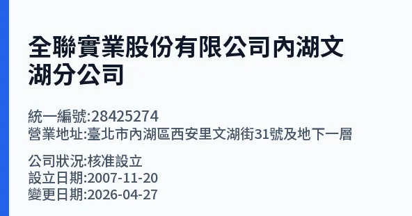 全聯實業股份有限公司內湖文湖分公司的照片-統編 28425274(臺北市) 公司登記資料與營業項目詳細圖表