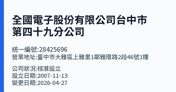 全國電子股份有限公司台中市第四十九分公司的照片-統編 28425696(臺中市) 公司登記資料與營業項目詳細圖表