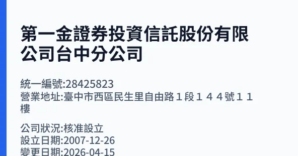 第一金證券投資信託股份有限公司台中分公司的照片-統編 28425823(臺中市) 公司登記資料與營業項目詳細圖表