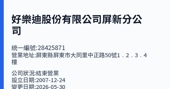 好樂迪股份有限公司屏新分公司的照片-統編 28425871(屏東縣) 公司登記資料與營業項目詳細圖表
