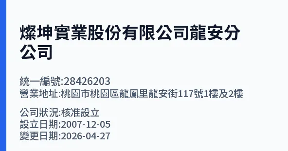 燦坤實業股份有限公司龍安分公司的照片-統編 28426203(桃園市) 公司登記資料與營業項目詳細圖表