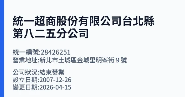 統一超商股份有限公司台北縣第八二五分公司的照片-統編 28426251(新北市) 公司登記資料與營業項目詳細圖表